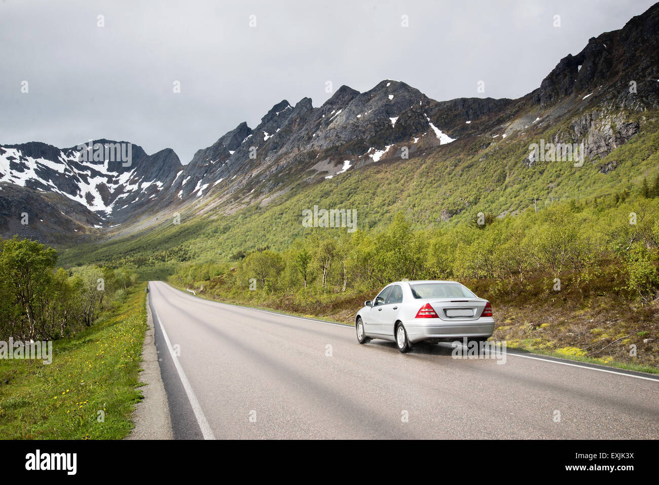 car going to mountains, Lofoten Islands Stock Photo - Alamy