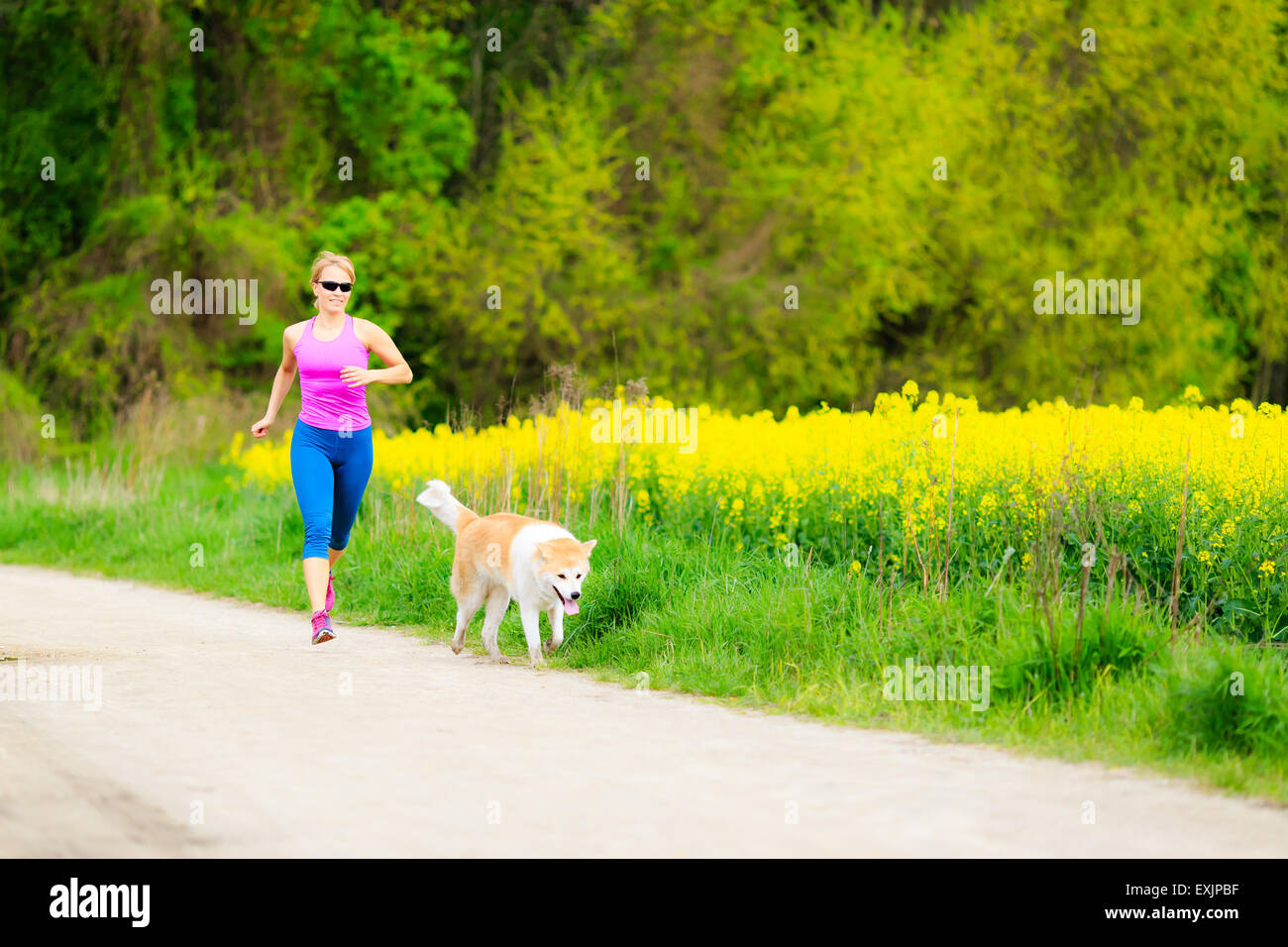 Woman runner running with dog in park on country road, healthy ...