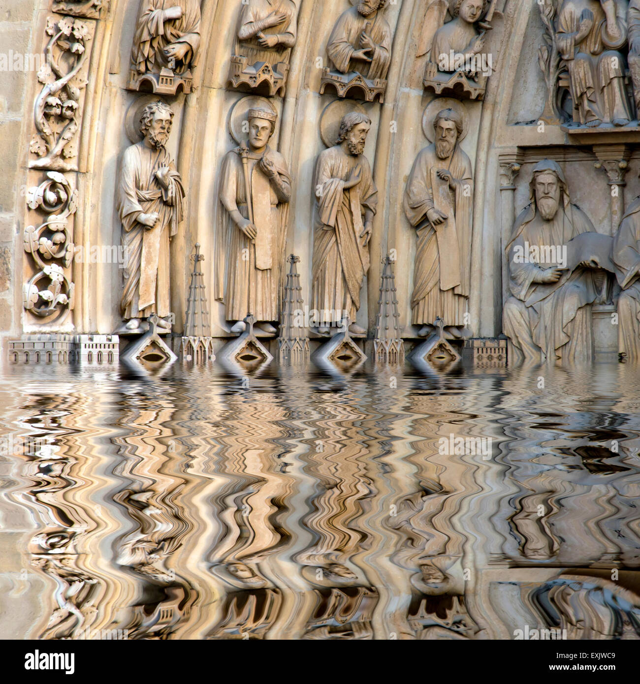 Fantasy image showing water lapping up to statues on a cathedral Stock ...