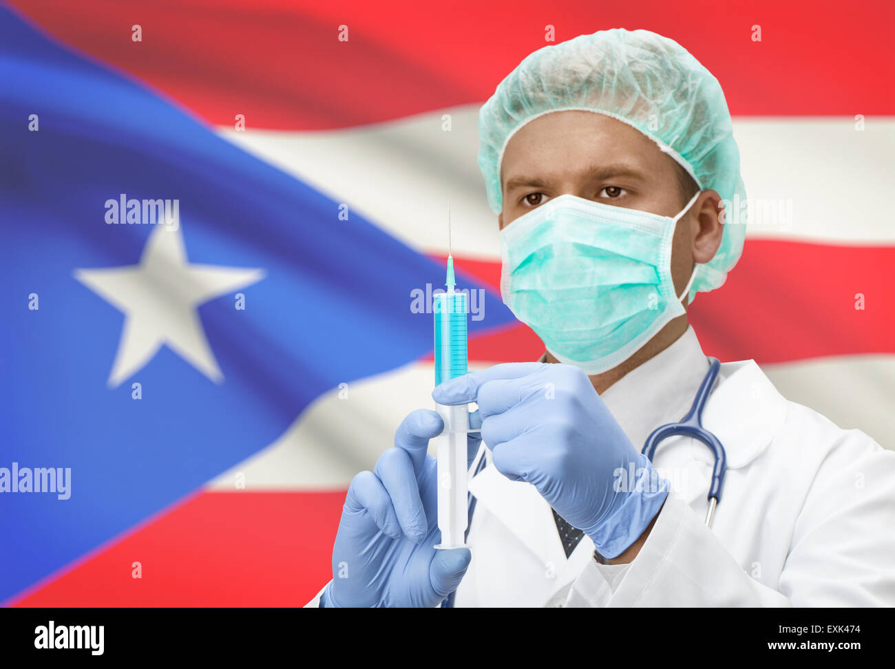 Doctor with syringe in hands and flag on background - Puerto Rico Stock ...