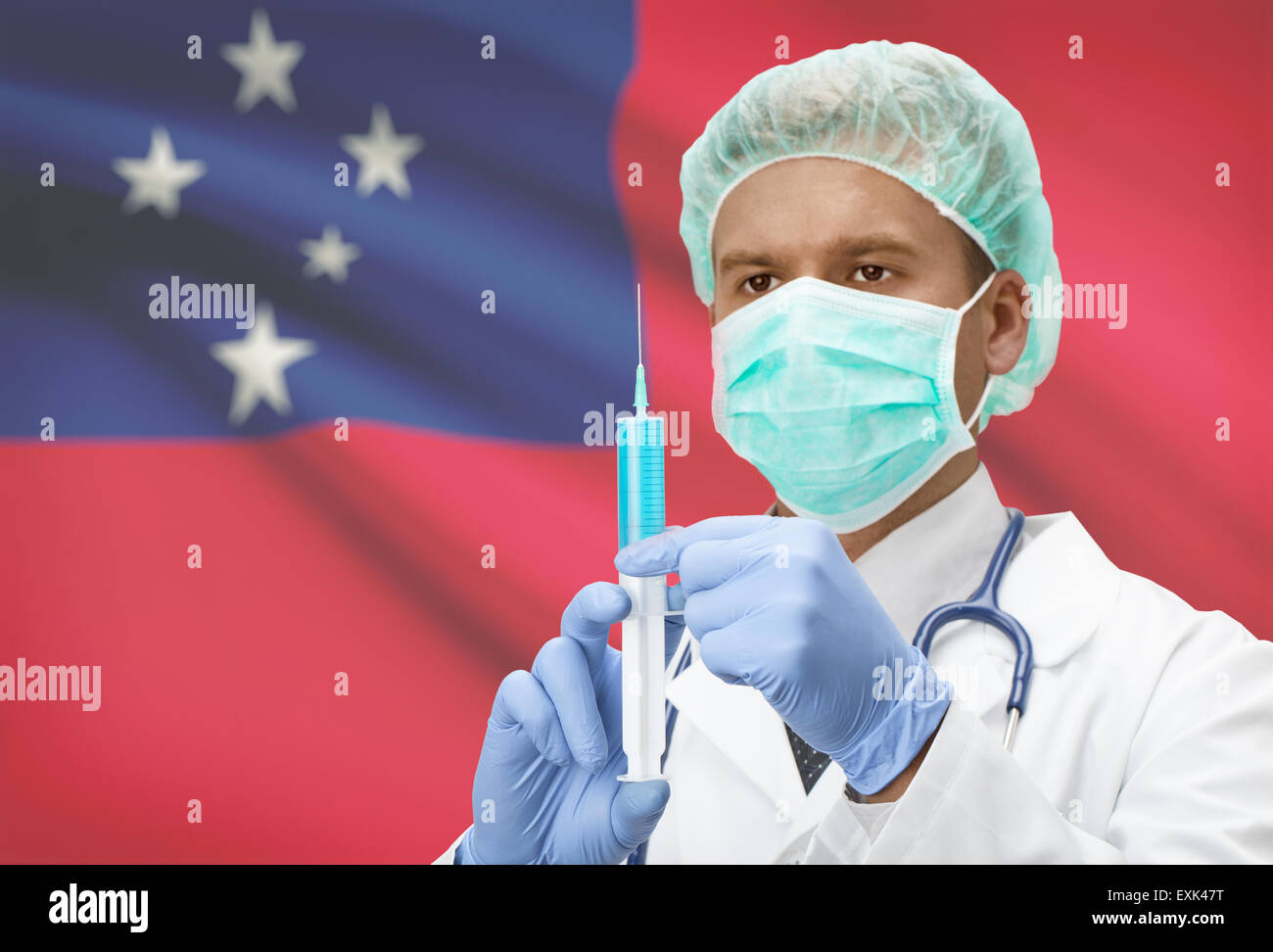 Doctor with syringe in hands and flag on background - Samoa Stock Photo ...