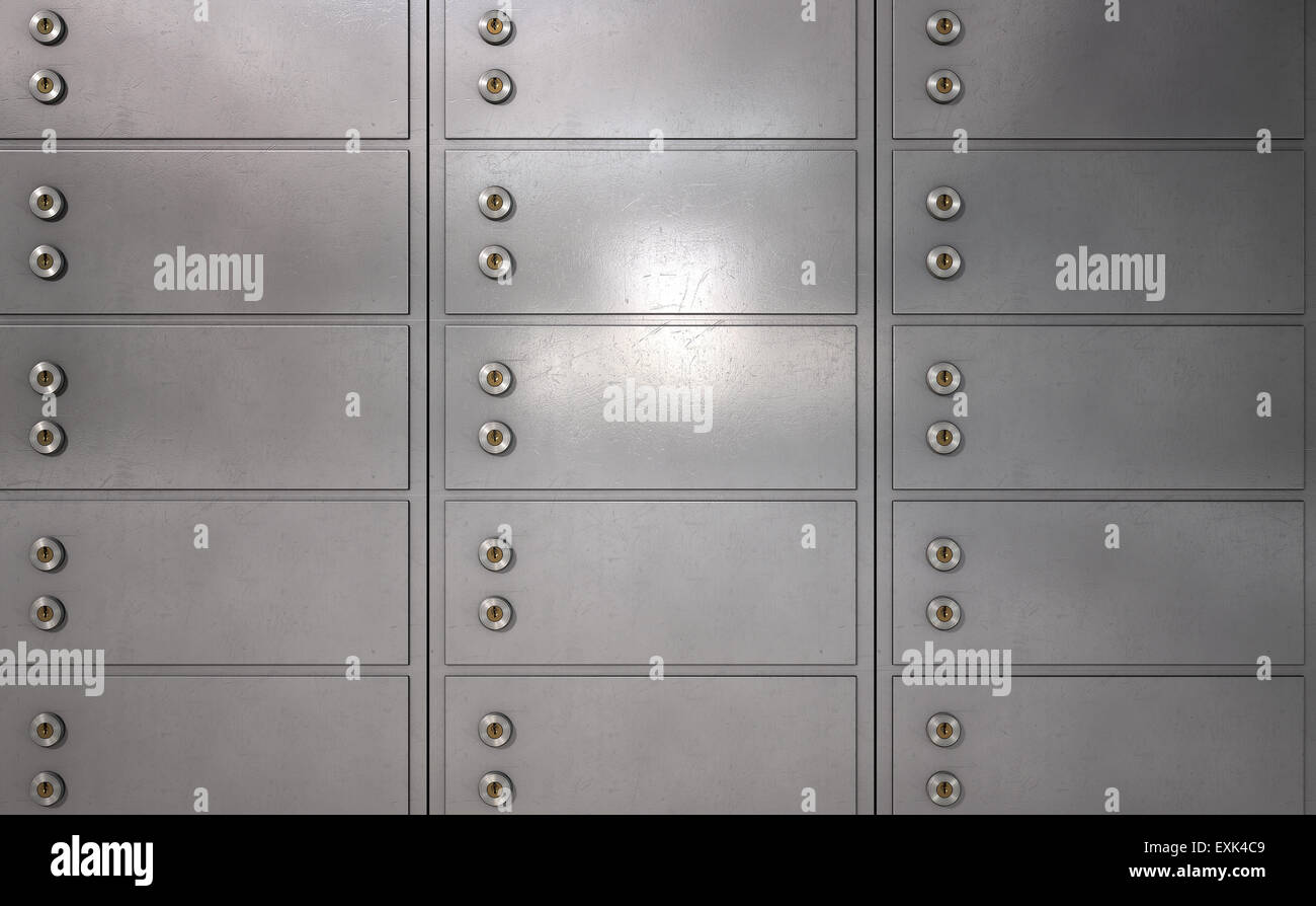 A closeup of a wall of closed metal safety deposit boxes Stock Photo ...