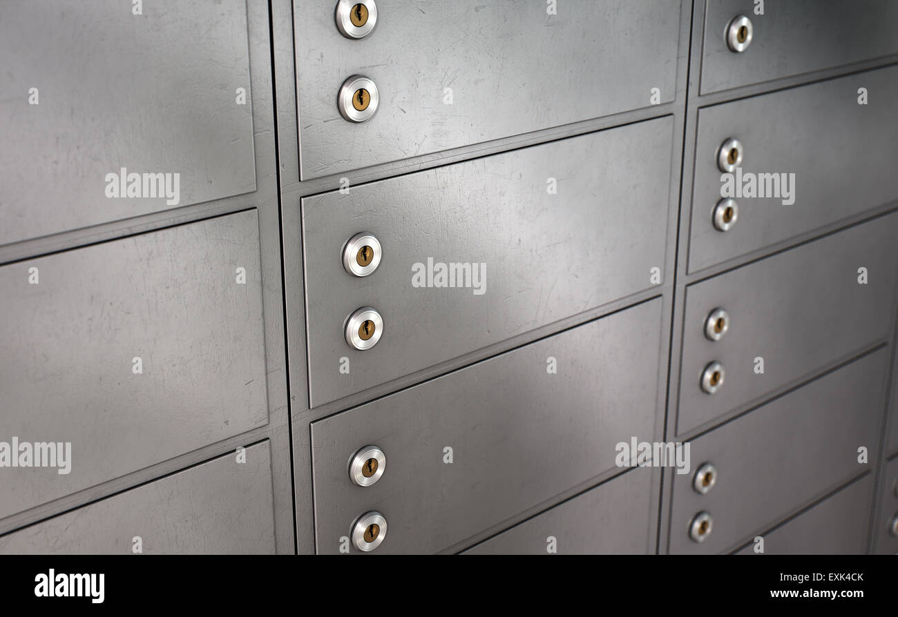 A closeup of a wall of closed metal safety deposit boxes Stock Photo ...