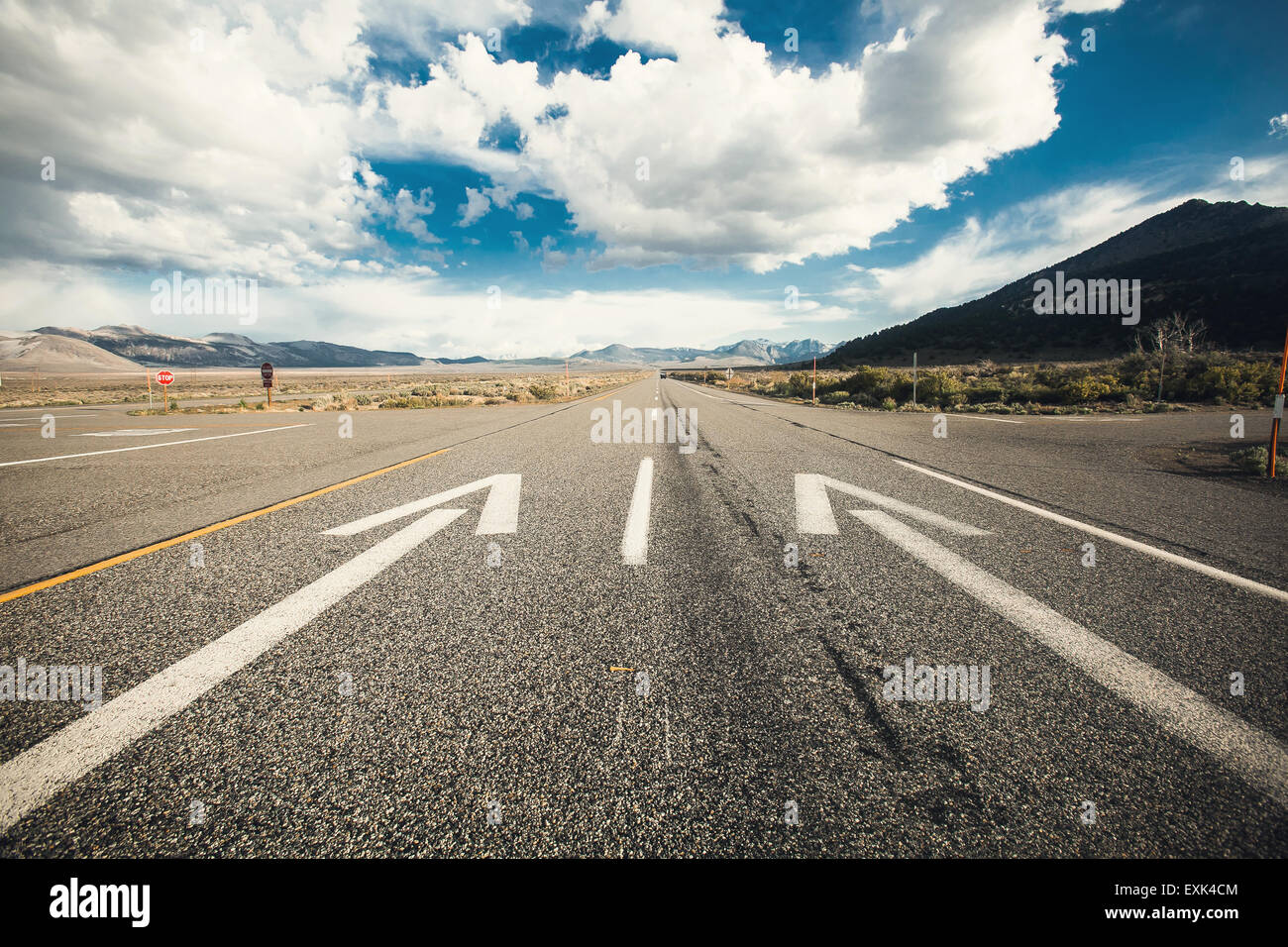 Wide angle picture of driving on an empty road through the beautiful ...