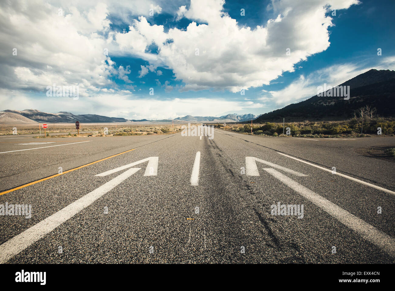 Wide angle picture of driving on an empty road through the beautiful ...
