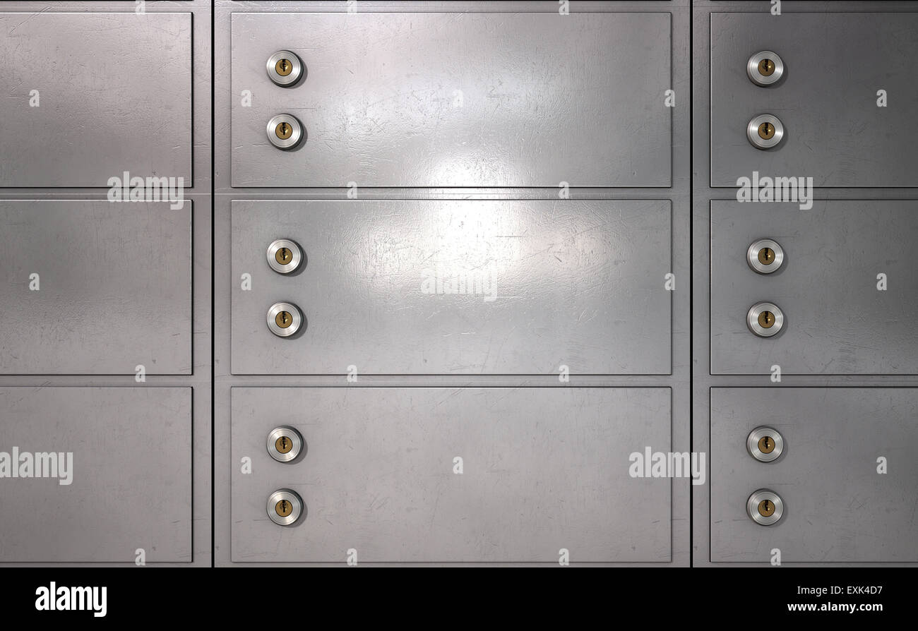 A closeup of a wall of closed metal safety deposit boxes Stock Photo ...