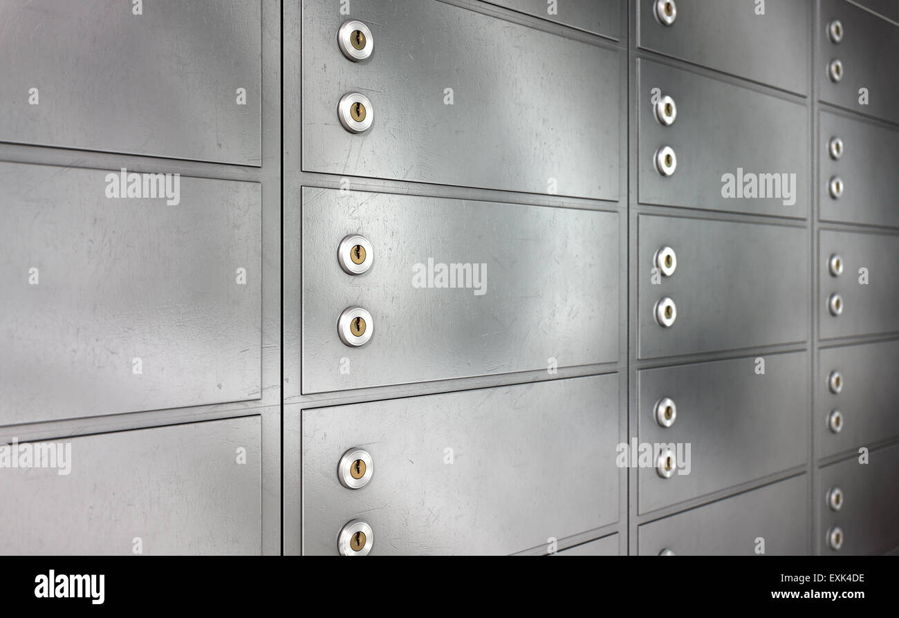 A closeup of a wall of closed metal safety deposit boxes Stock Photo ...