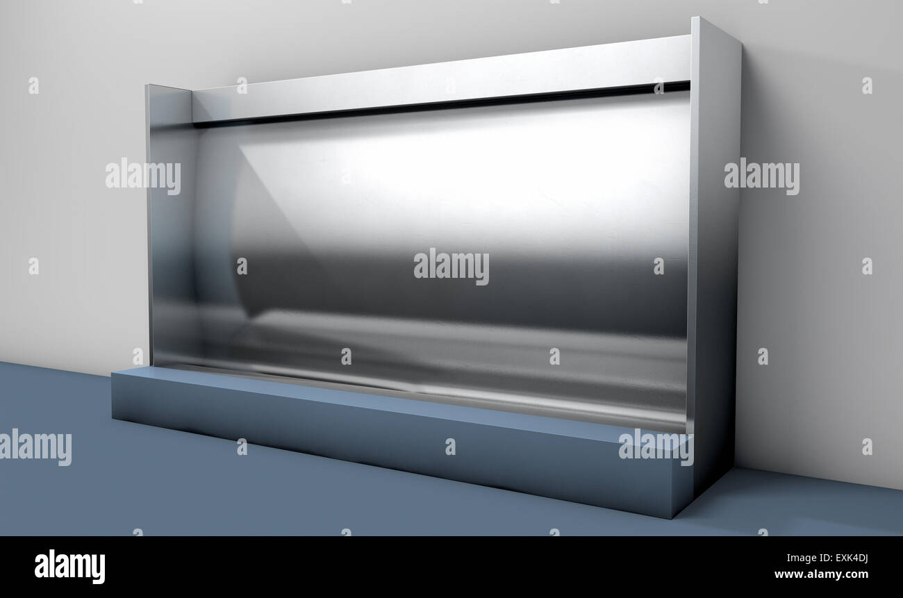 A single stainless steel trough style urinal on a a bathrom background ...