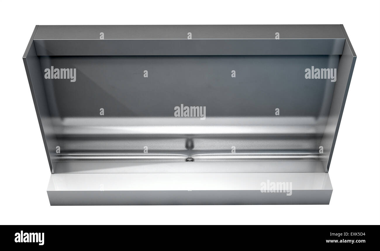 A single stainless steel trough style urinal on an isolated white ...