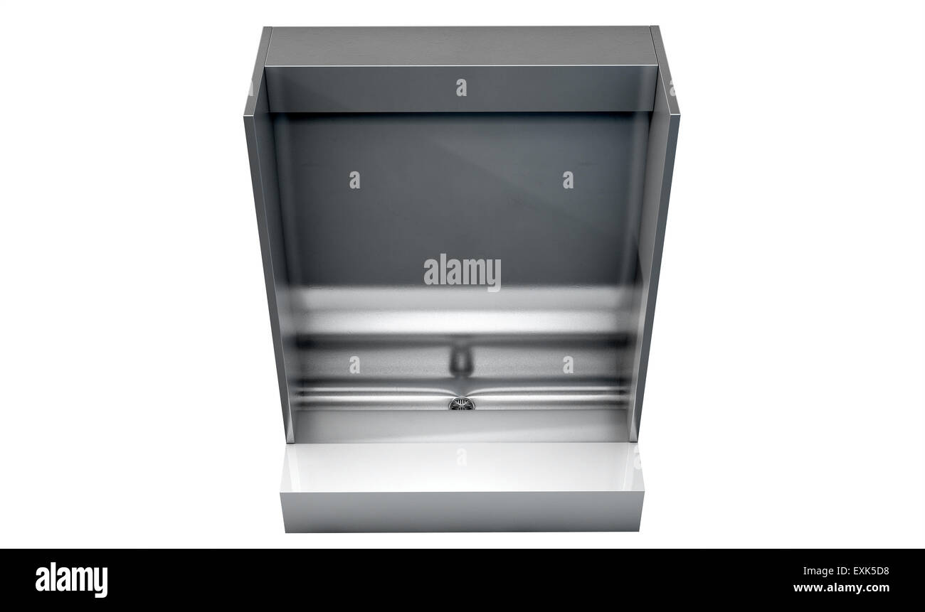 A single stainless steel trough style urinal on an isolated white ...