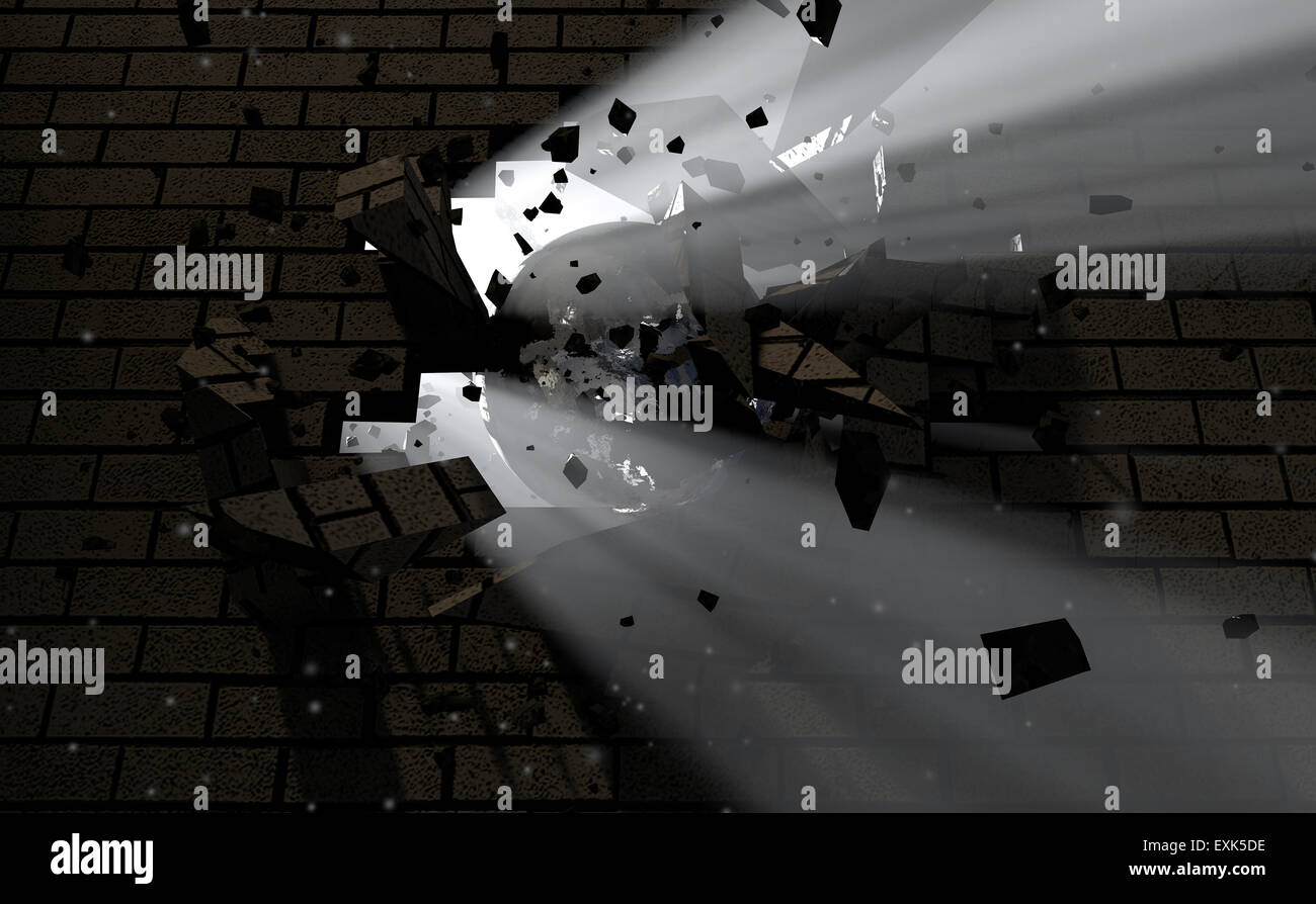 A dark side of a wall being broken and shattered by a wrecking ball ...