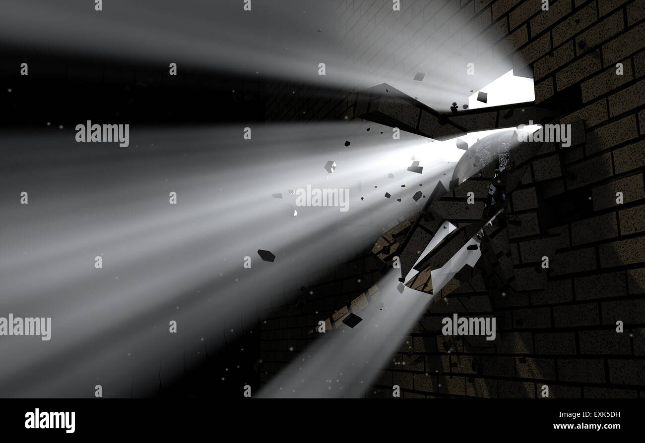 A dark side of a wall being broken and shattered by a wrecking ball ...