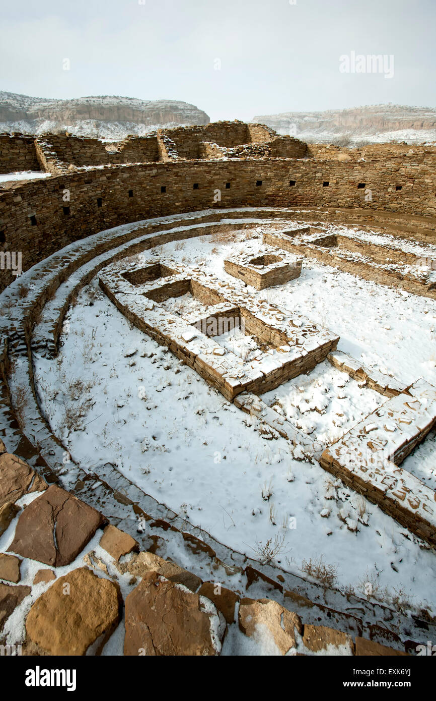 Kiva (ceremonial chamber) under snow, Pueblo Bonito great house, Chaco ...