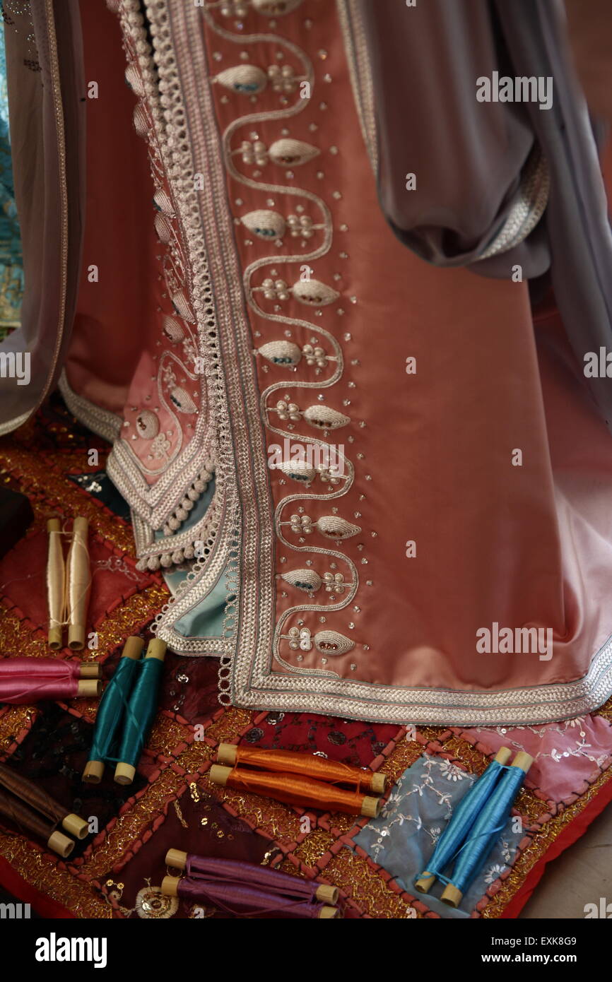 Fez Artisans' Mastery: Detailed Embroidery on a Moroccan Caftan Stock ...