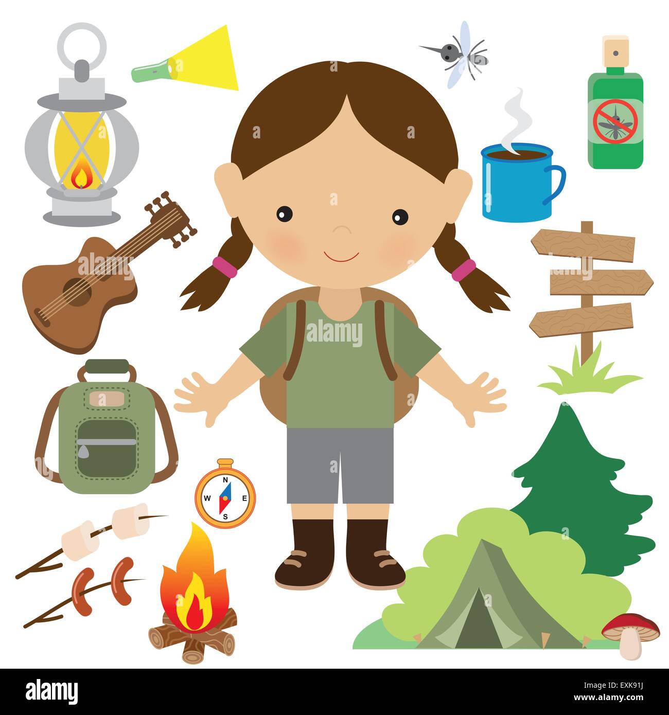 camping,camp fire,tent,flashlight, mosquito, compass, girl,forest Stock ...