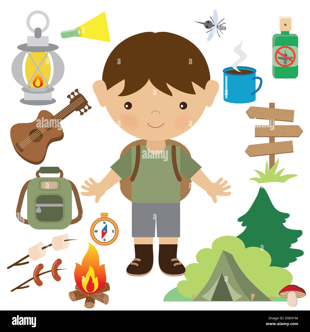 camping,camp fire,tent,flashlight, mosquito, compass, boy,forest Stock ...