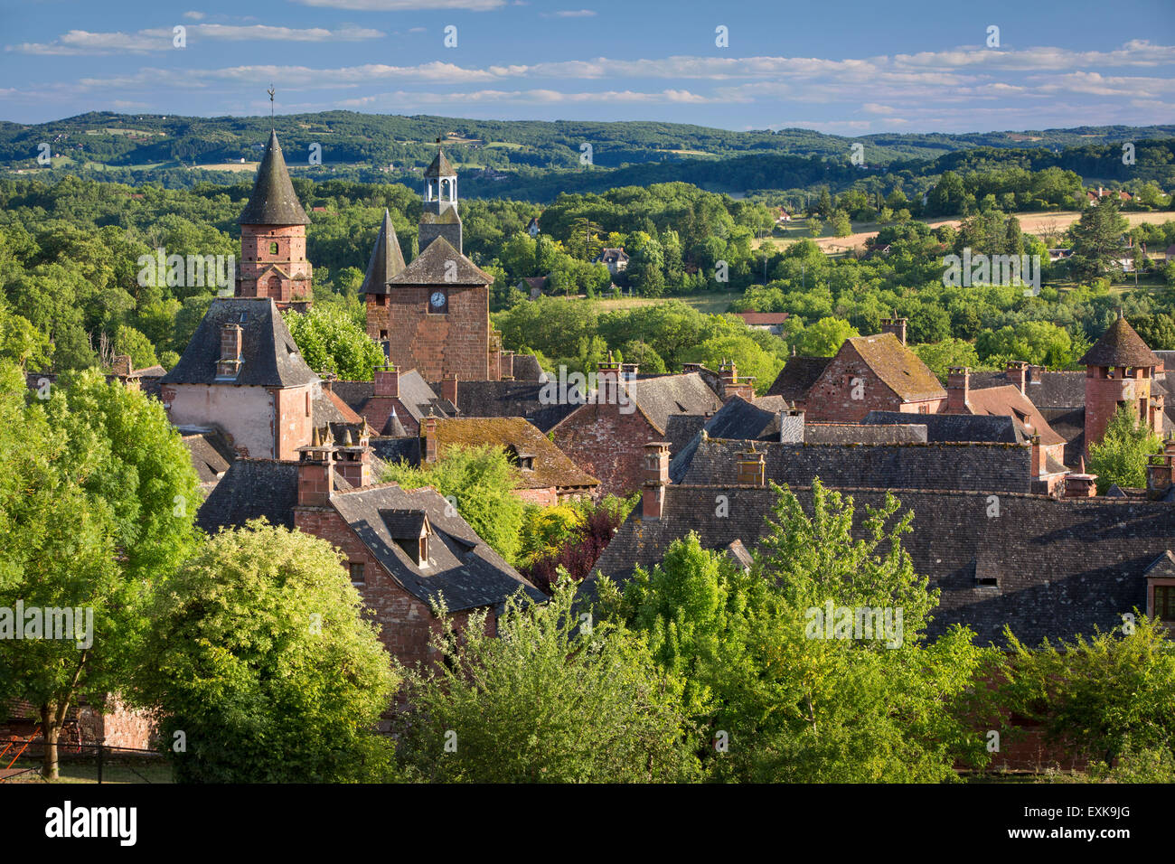 Evening sunlight over medieval town of Collonges-la-Rouge, in the ...