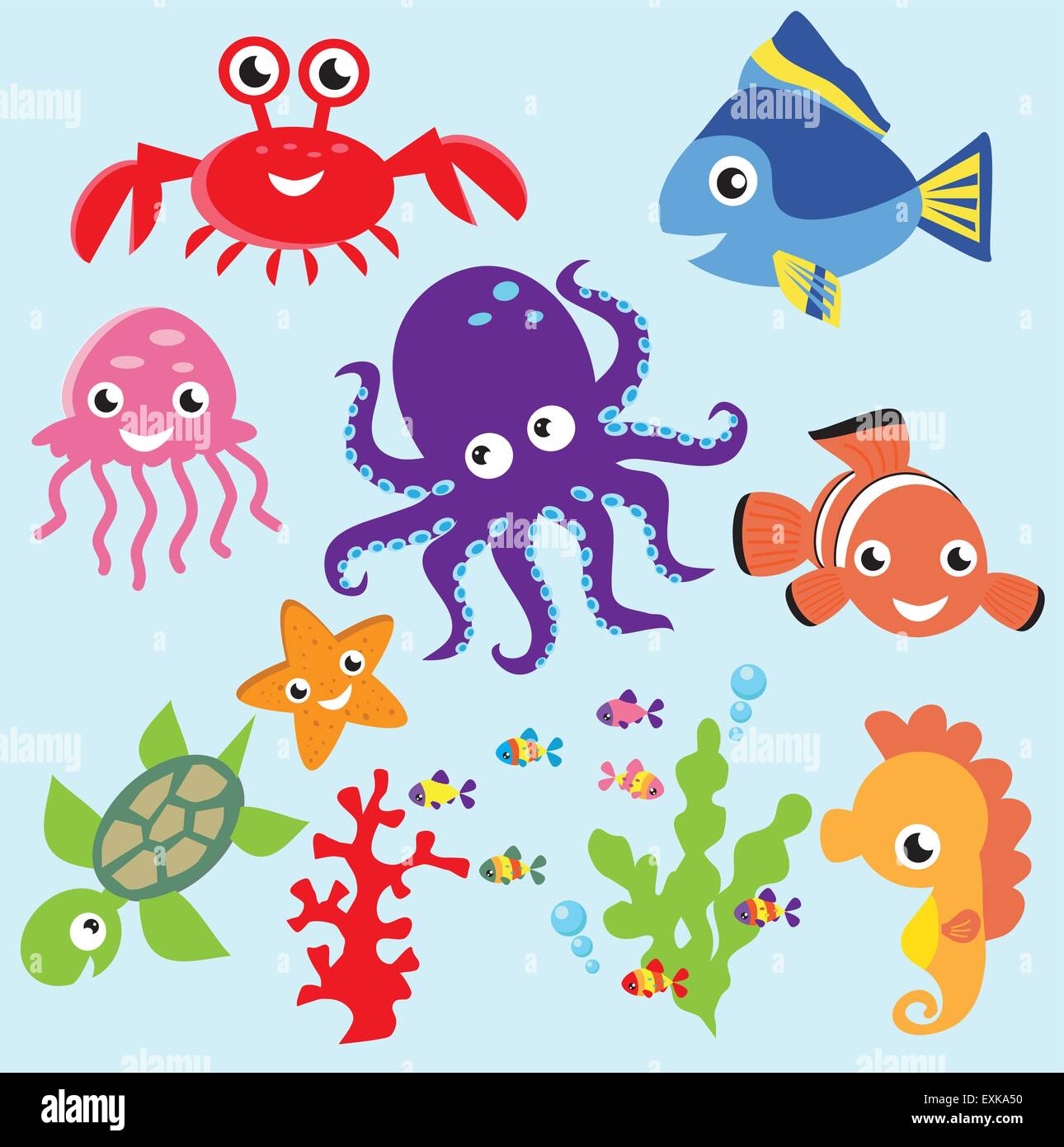 sea animal,sea horse,jellyfish,crab,vector,cartoon,illustration Stock ...