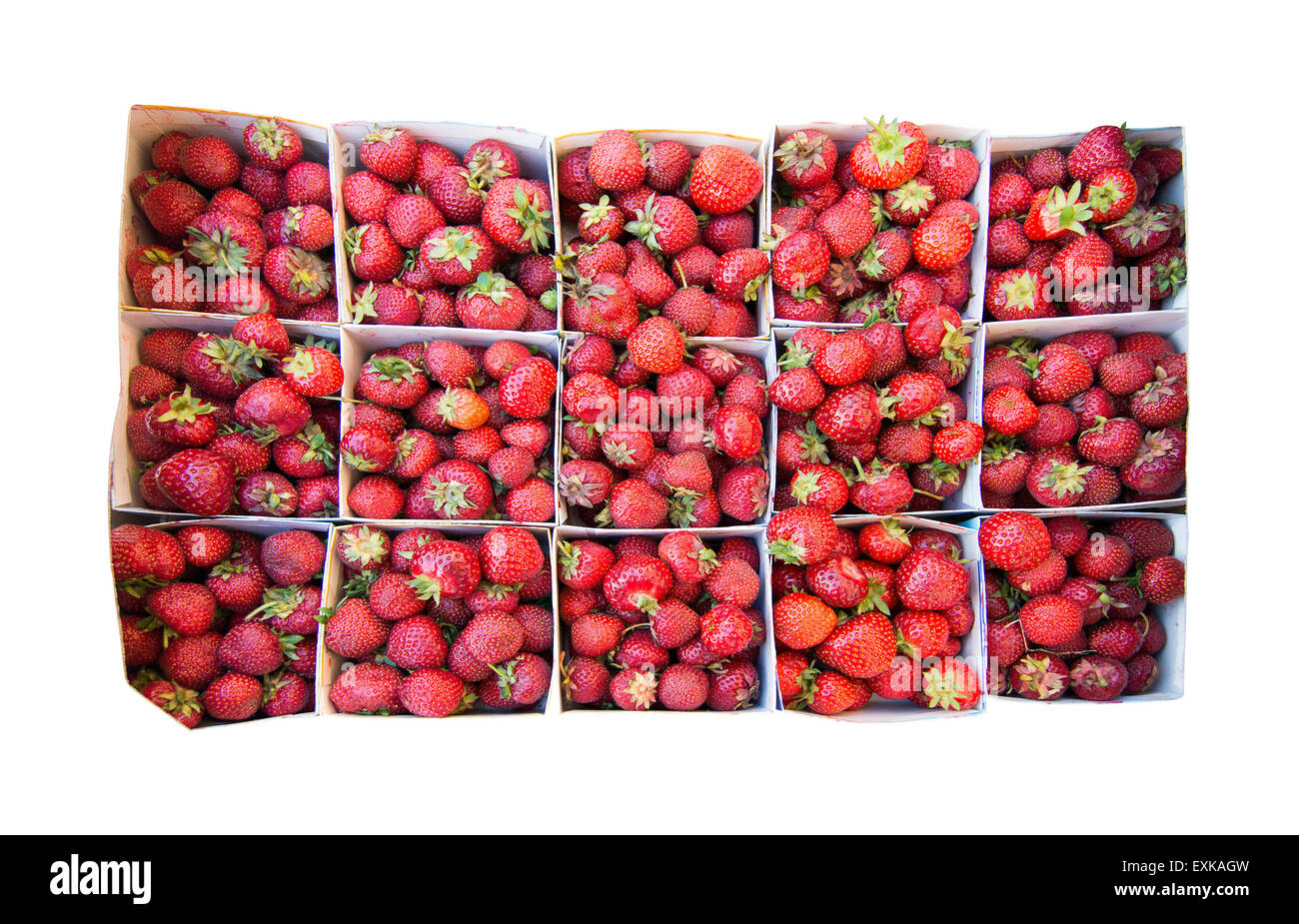 Strawberries in paper boxes. Fresh red strawberries for sale in a ...