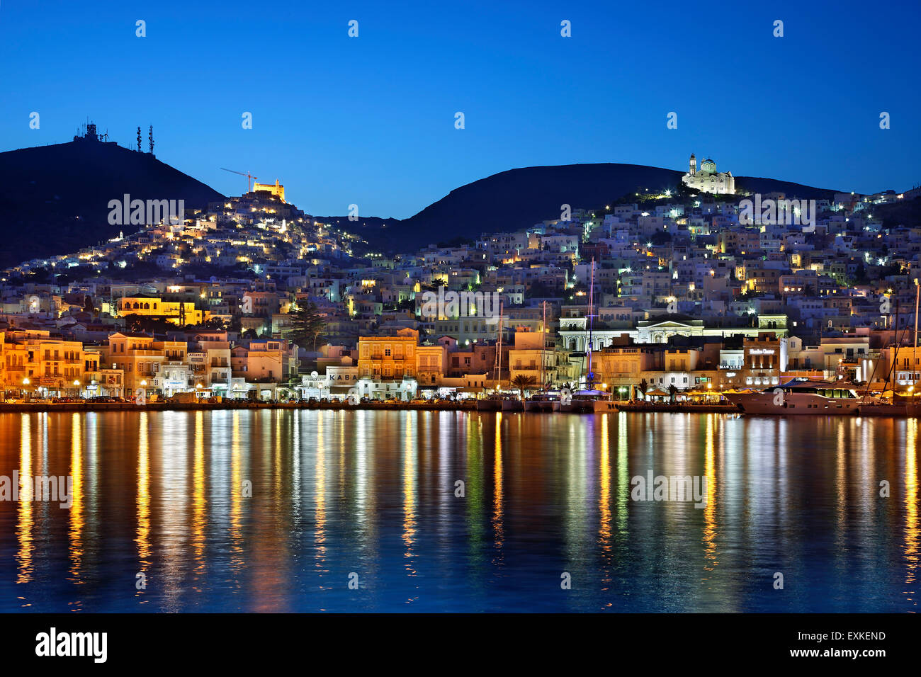Night view of Ermoupolis & Ano Syra, Syros island, Cyclades, Aegean sea ...