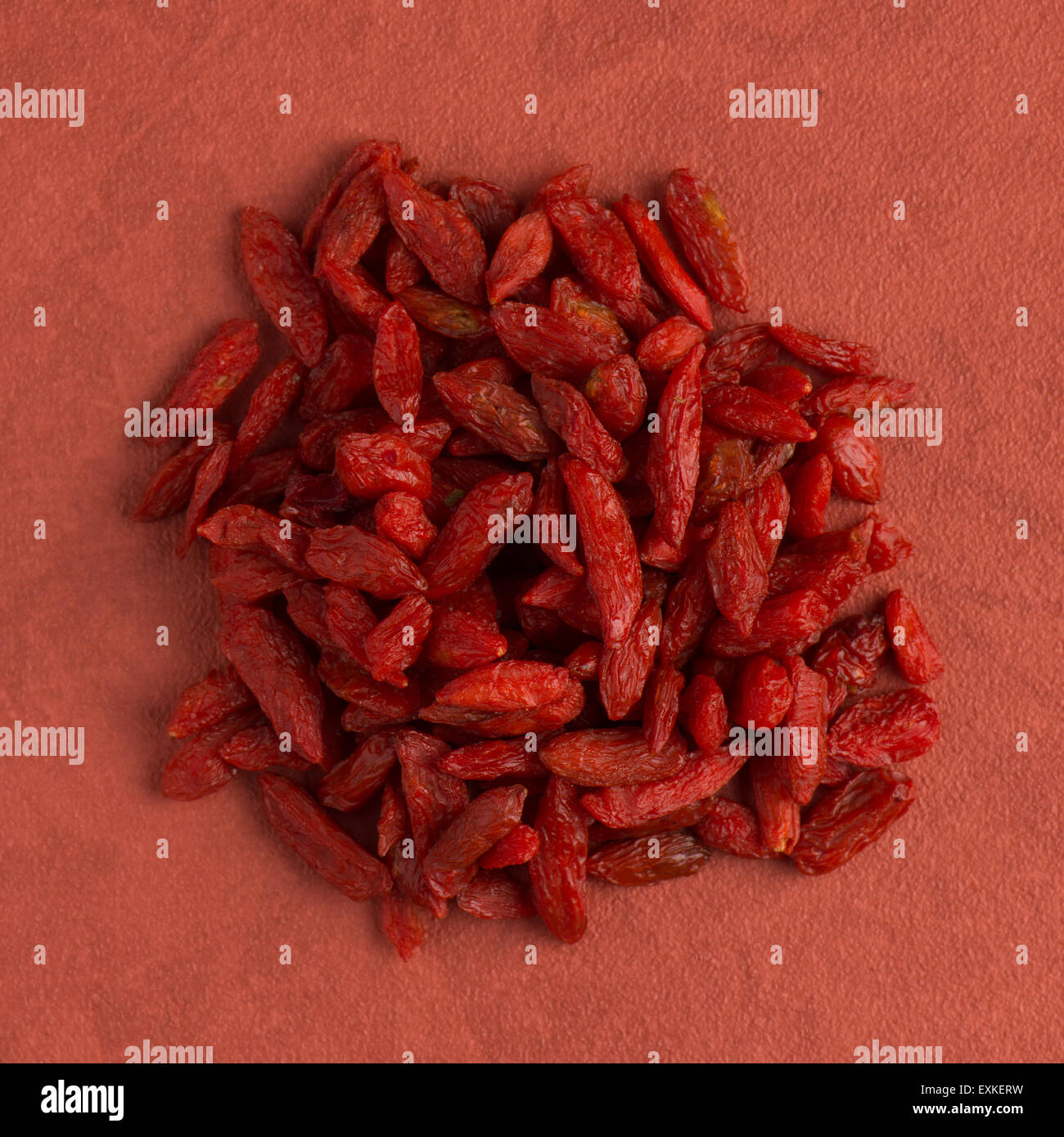 Top view of circle of dry red goji berries against red vinyl background ...