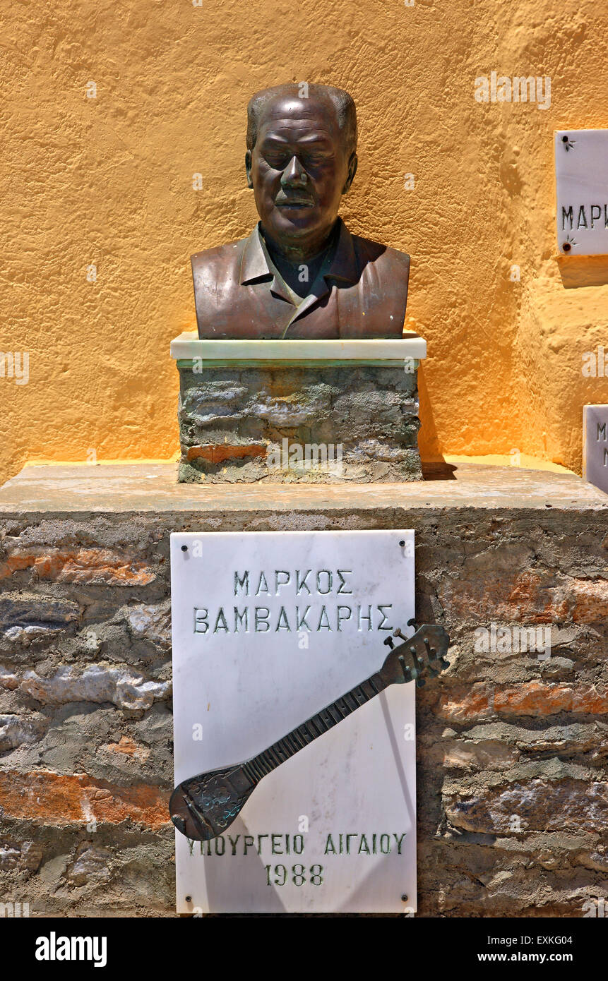 Bust of Markos Vamvakaris at Markos Vamvakaris square in Ano Syra, the ...