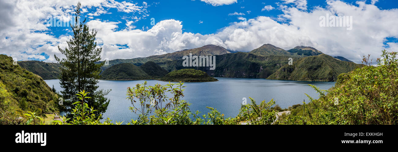 Panoramic view of Laguna de Cuicocha, a volcanic crater lake, and ...