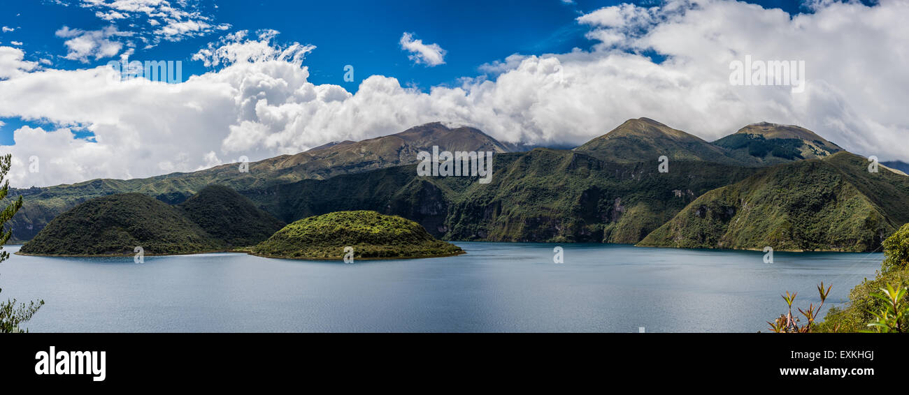 Panoramic view of Laguna de Cuicocha, a volcanic crater lake, and ...