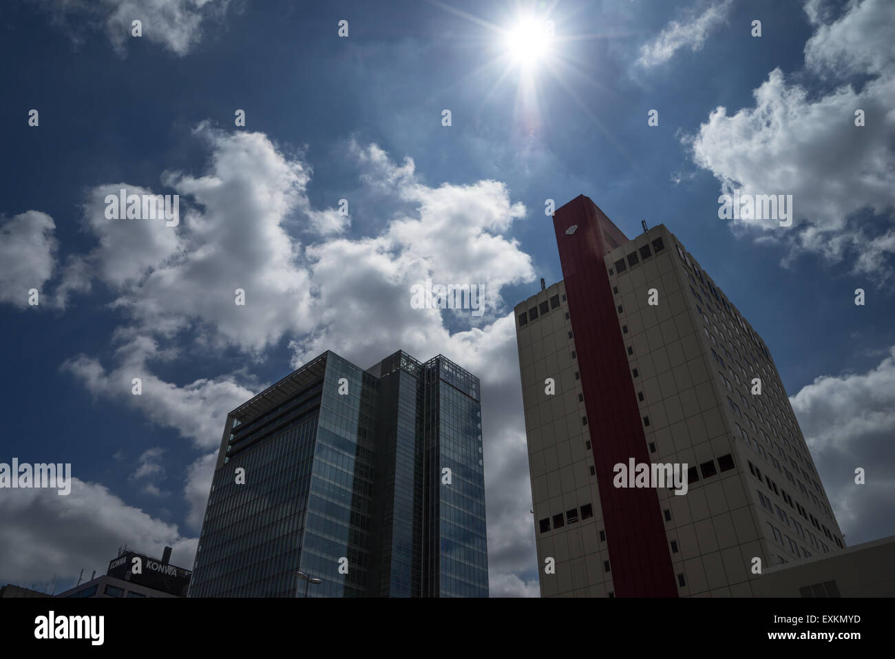 Low angle view of office buildings in Ginza district, Tokyo, Japan ...