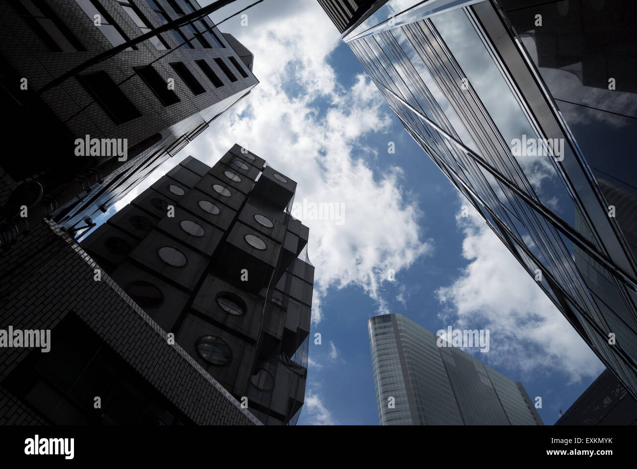 Low angle view of office buildings in Ginza district, Tokyo, Japan ...
