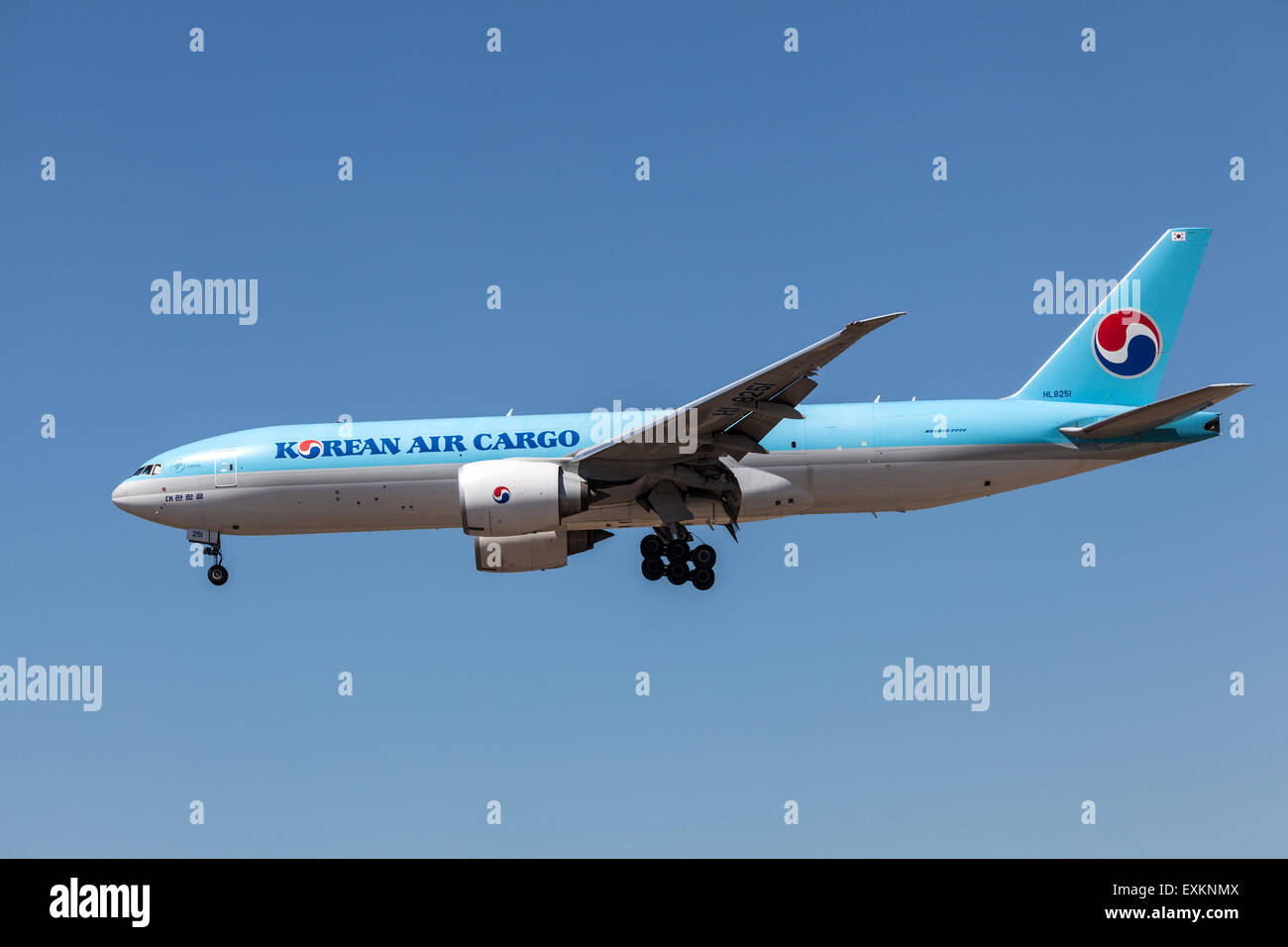 Boeing 777F cargo airplane of the Korean Air airline landing at the ...