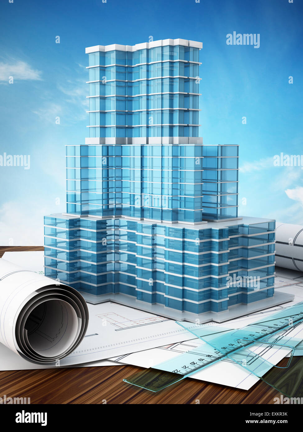 Building construction project with model of the building on the ...