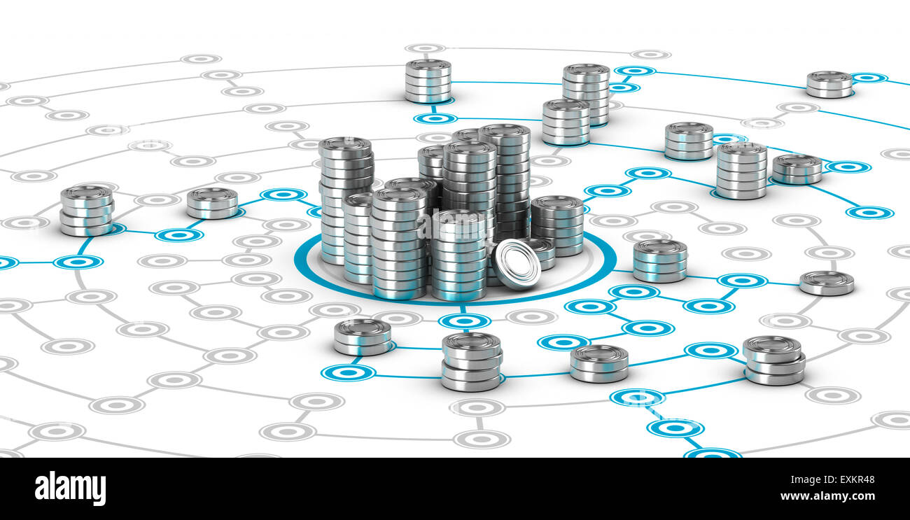 Many symbolic coins on a collaborative network. Conceptual 3D image for ...