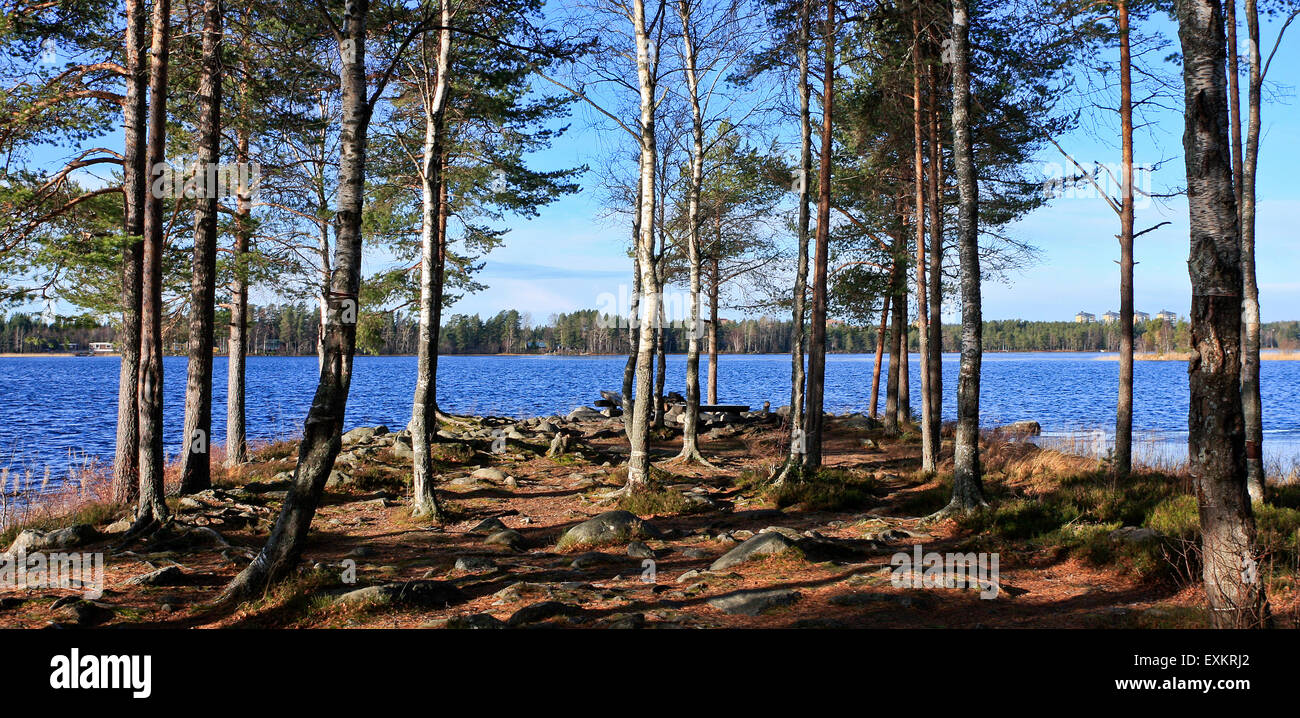 A small cape in a lake. Trees and stones this side, buildings on the ...