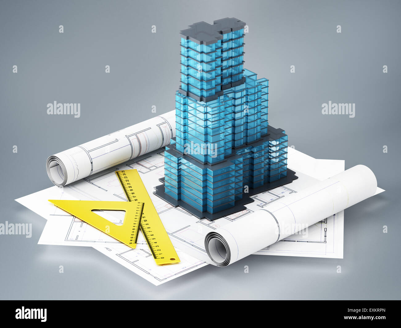 Building construction project with model of the building on the ...