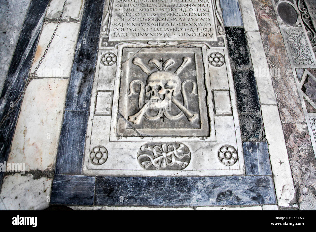 Skull and crossed bones motif on grave slab inside the Camposanto ...