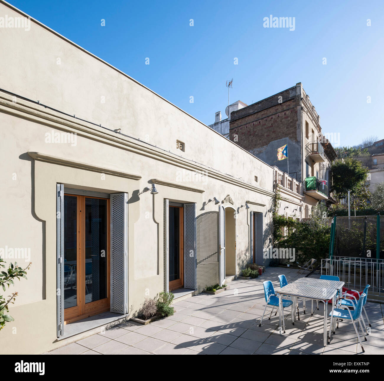 Perspective of upper floor balcony in context of terrace. Family House ...