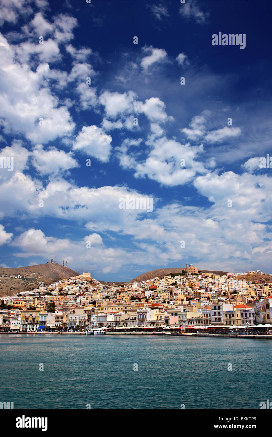 Ermoupolis & Ano Syra, Syros island, Cyclades, Aegean sea, Greece Stock ...
