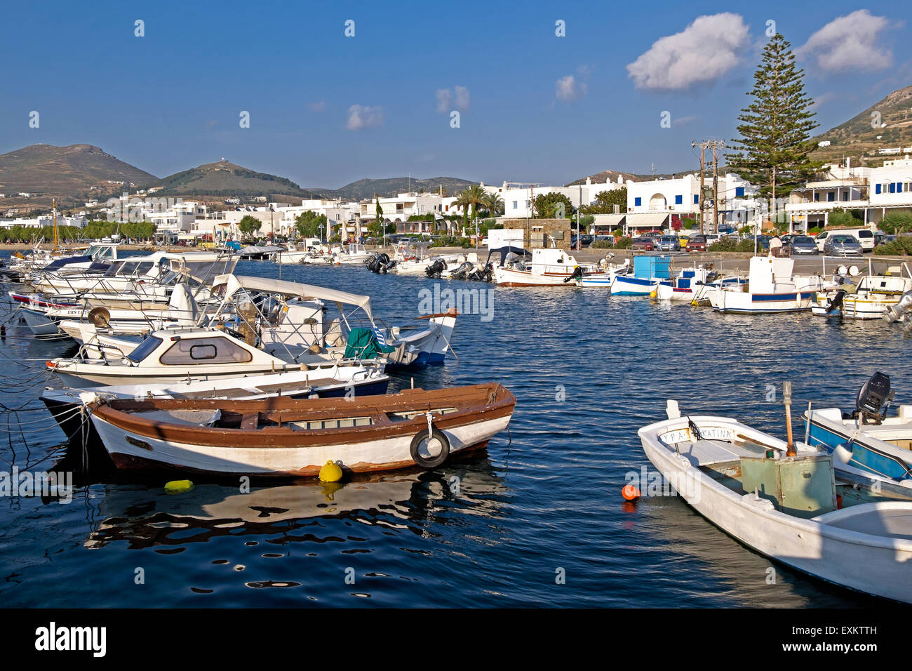 Boats in the harbour of Parikia, Paros, Cyclades, Greece Stock Photo ...