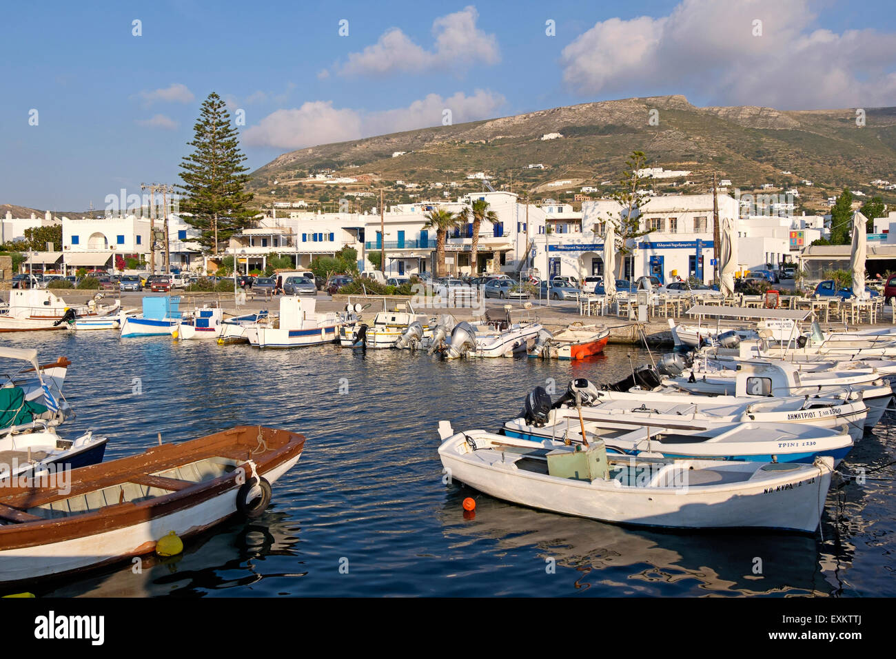 Boats in the harbour of Parikia, Paros, Cyclades, Greece Stock Photo ...