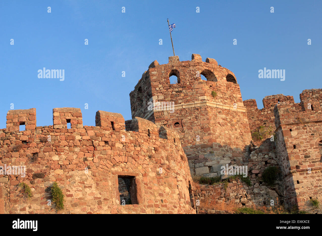 Closeup of the stone walls of Lesbos medieval castle, crenelations and ...