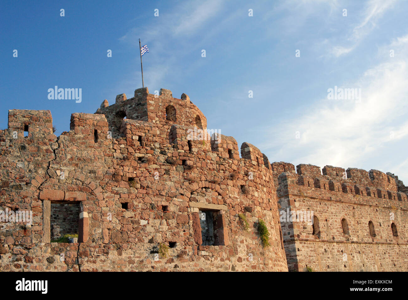 View of the ancient medieval Lesbos city castle, crenelations & arched ...
