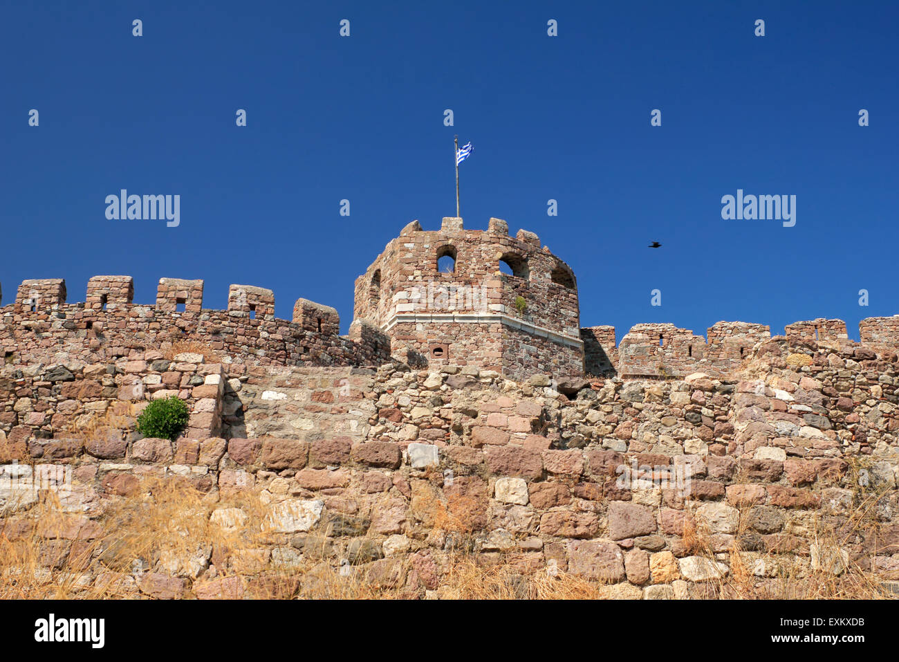 Archaeologic site of Lesbos city castle, its crenelations and sunlit ...