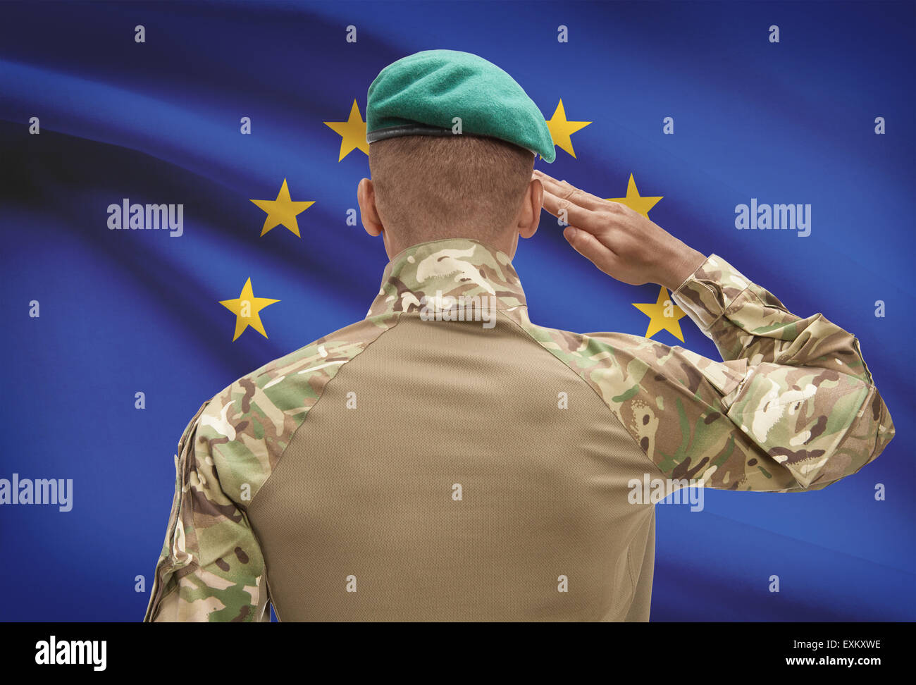 Dark-skinned soldier in hat facing national flag series - European ...