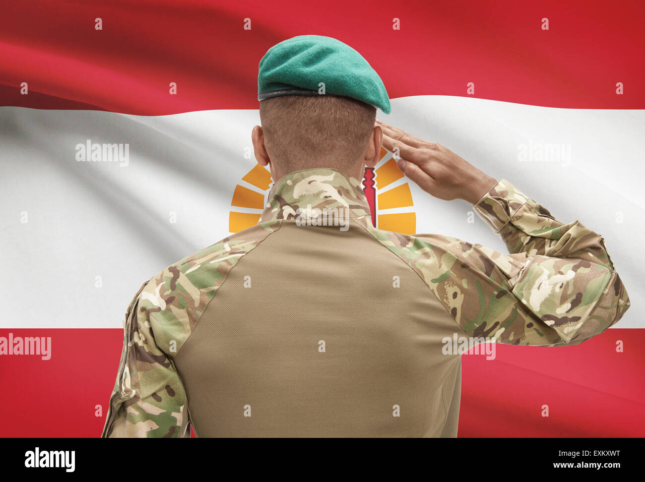 Dark-skinned soldier in hat facing national flag series - French ...