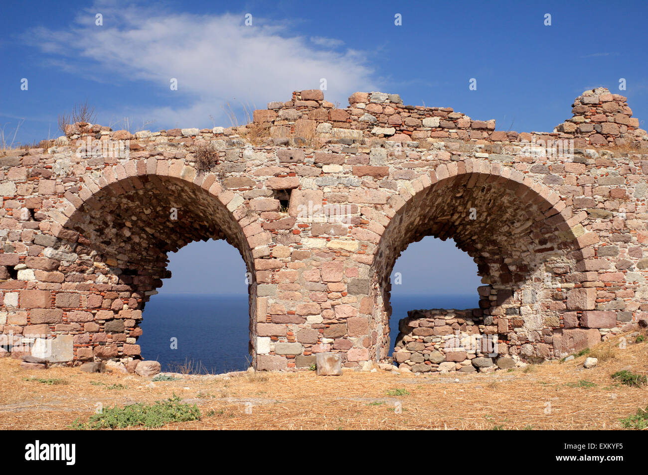 Remnants of arched windows/ walls of Mytilene city castle. Lesvos ...