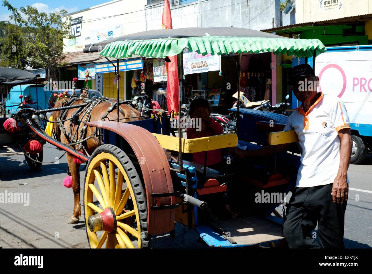 a dokar owner standing next to his hose and cart waiting for fare ...