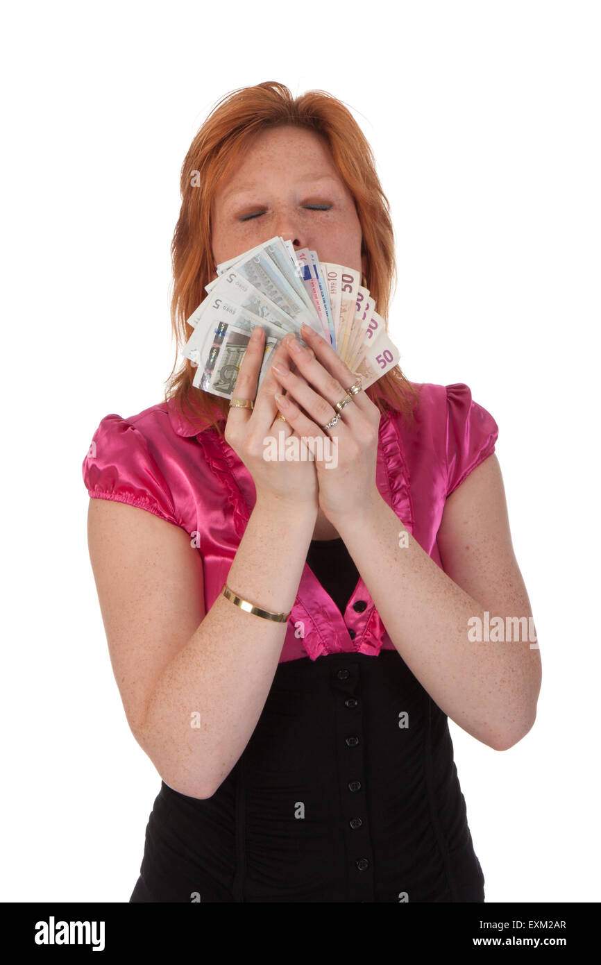 Beautiful young woman with money isolated on white background Stock ...