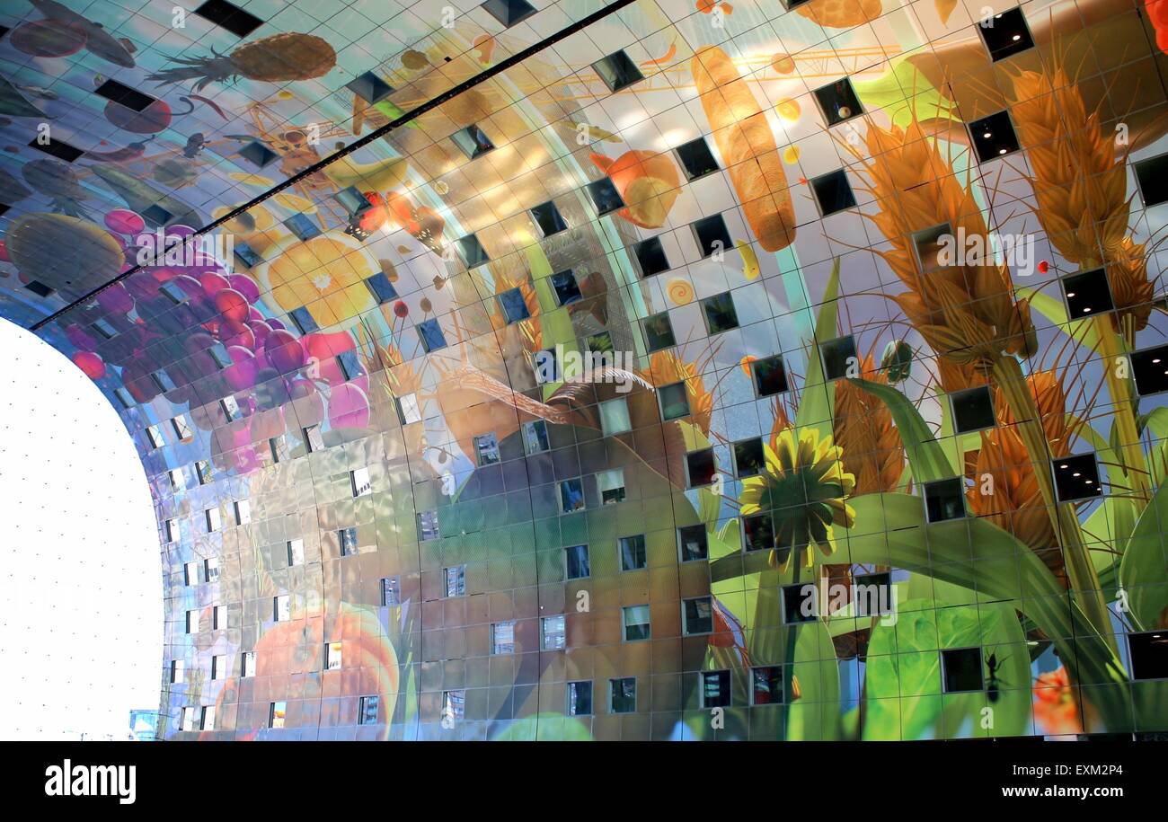 Colourful ceiling of the Rotterdam Markthal (Rotterdam Market hall ...