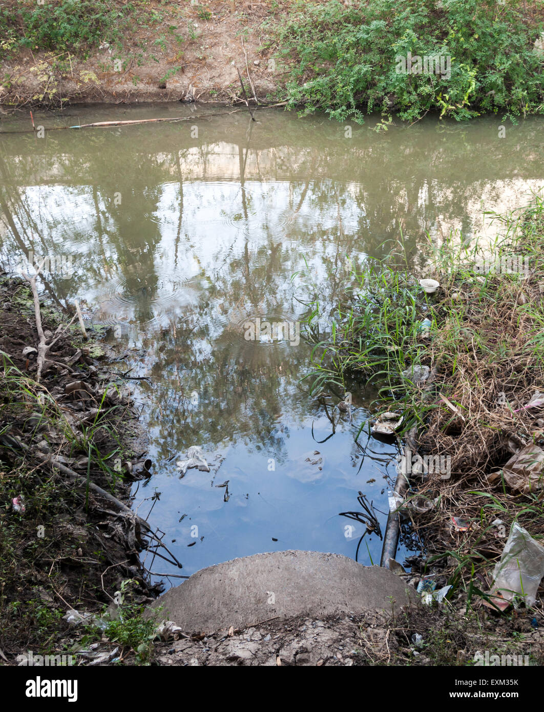 Waste water from the factory to the canal near village Stock Photo - Alamy
